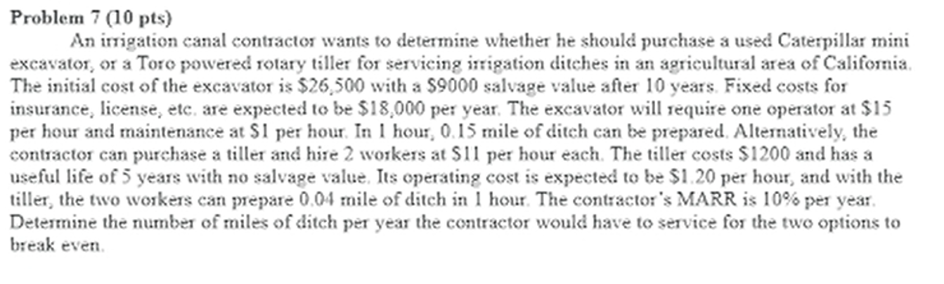 Solved Problem 7 (10 pts) An irrigation canal contractor | Chegg.com