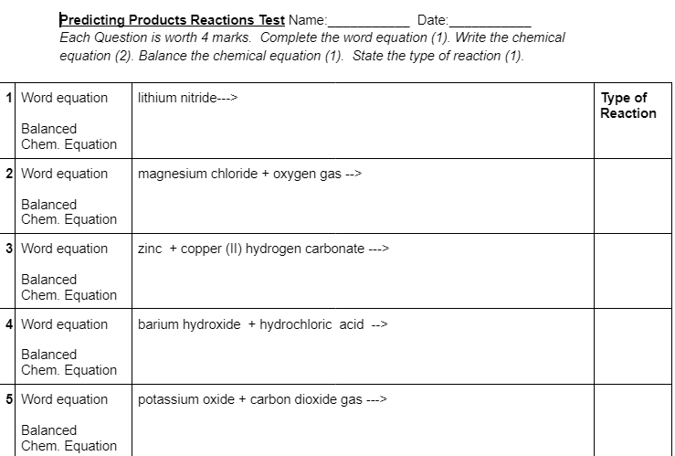 Solved Predicting Products Reactions Test Name:_ Date: Each | Chegg.com