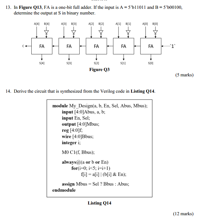 Solved 13. In Figure Q13, FA is a one-bit full adder. If the | Chegg.com