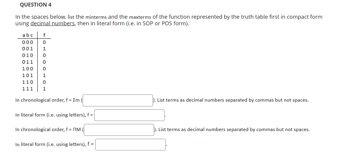 Solved QUESTION 4In the spaces below, list the minterms and | Chegg.com