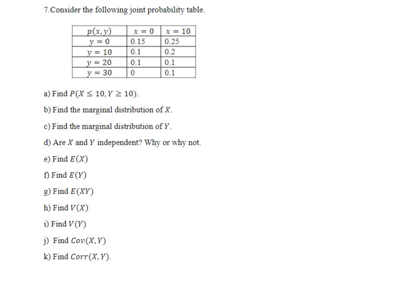 Solved 7.Consider the following joint probability table. a) | Chegg.com