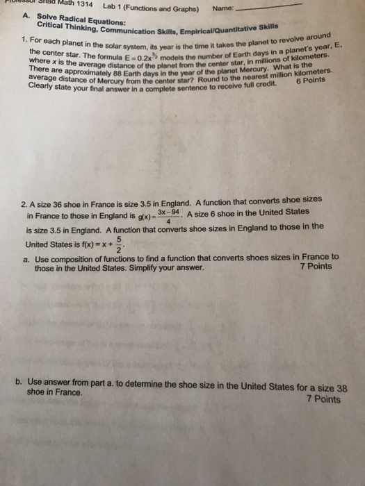 Solved SHad Math 1314 Lab 1 (Functions and Graphs) Name: A. | Chegg.com
