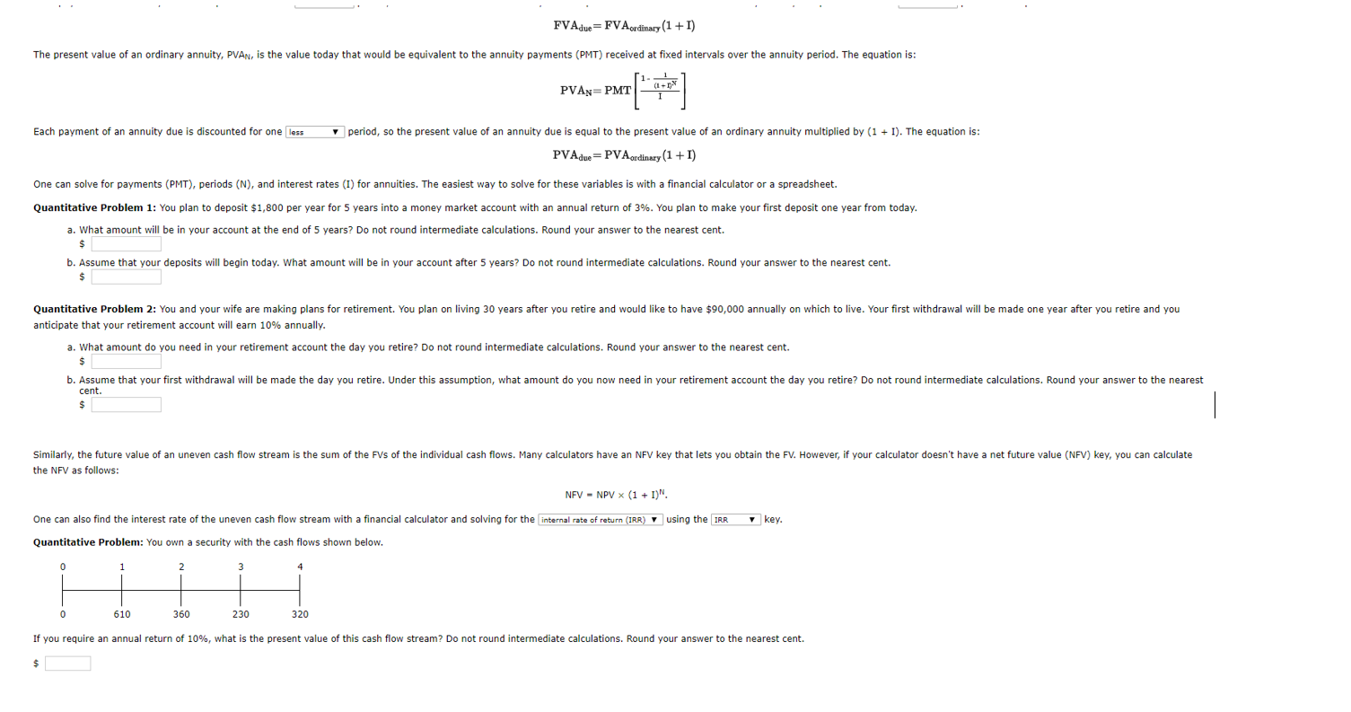Solved FVAdue = FVA ordinary (1+I) The present value of an | Chegg.com
