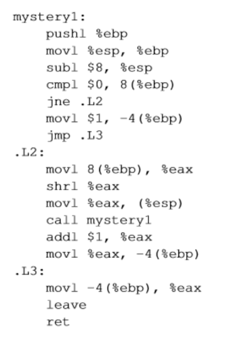 mysteryl: pushl %ebp movl %esp, %ebp subl $8, %esp | Chegg.com