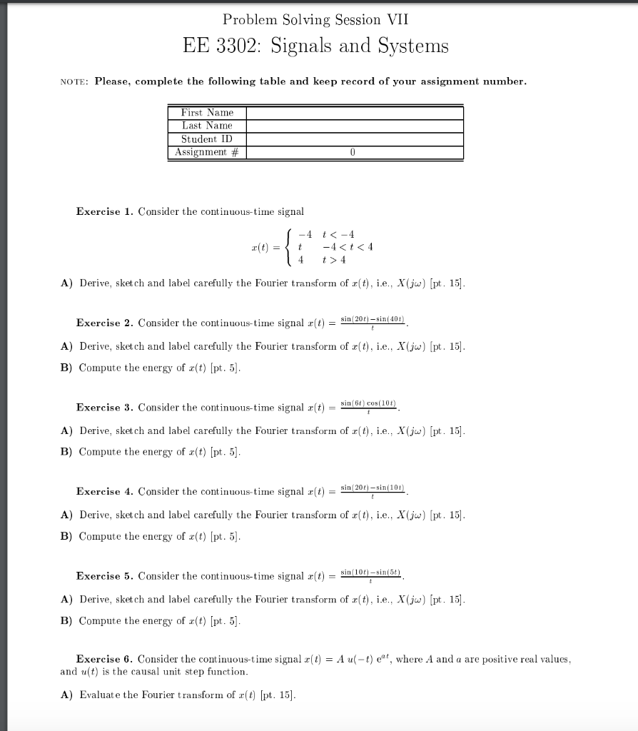 Solved Problem Solving Session VII EE 3302: Signals and | Chegg.com