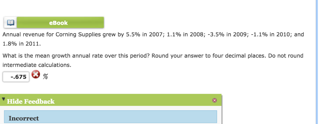 Solved eBook Annual revenue for Corning Supplies grew by | Chegg.com