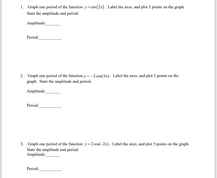 Solved 1. Graph one period of the function y=cos(2x). Label | Chegg.com