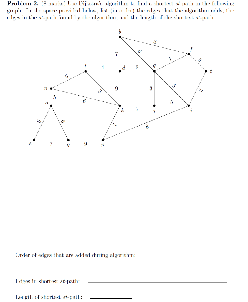 Solved Problem 2. (8 marks) Use Dijkstra's algorithm to find | Chegg.com