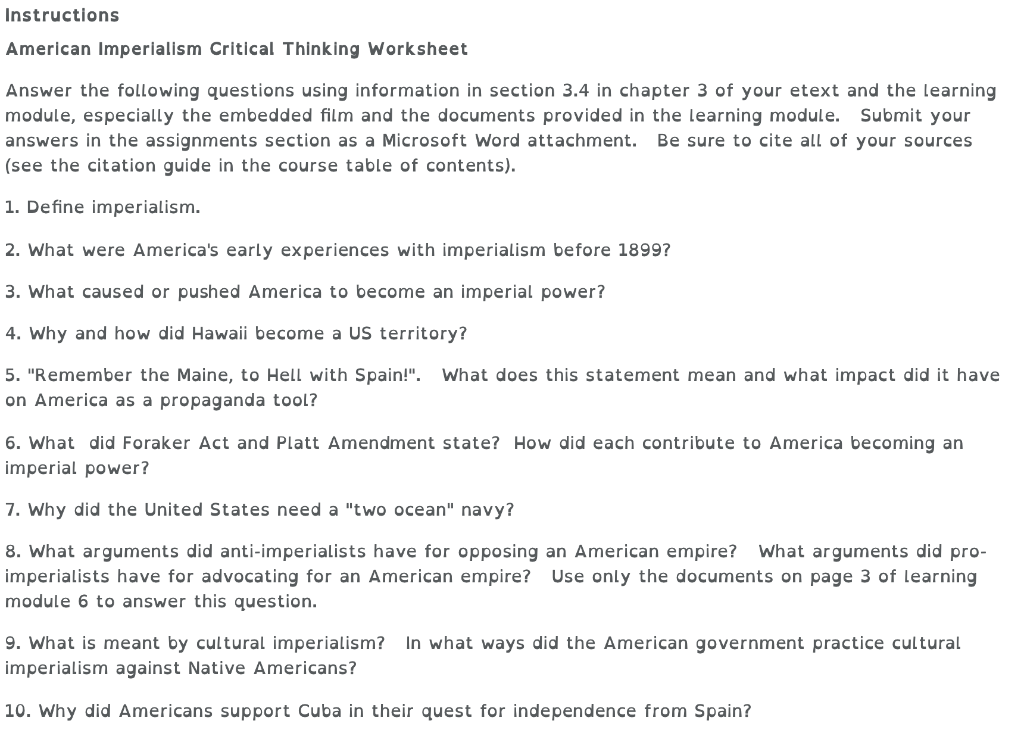 Solved Instructions American Imperialism Critical Thinking | Chegg.com