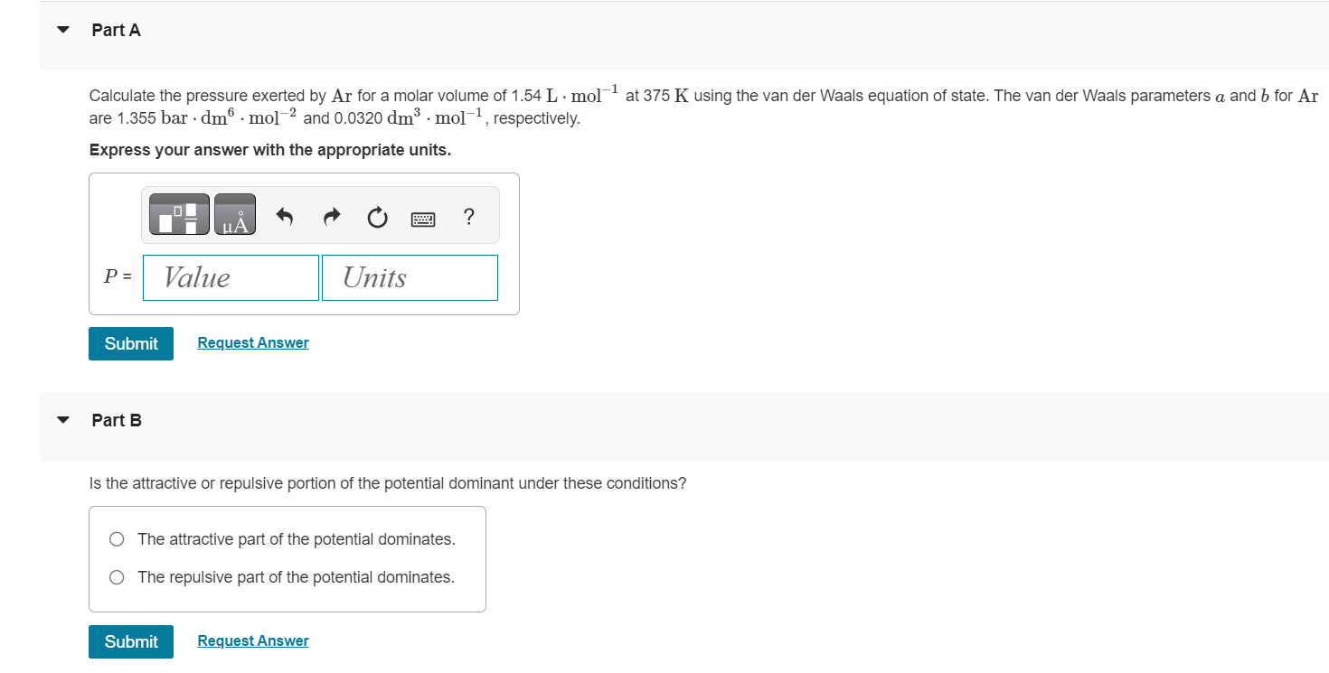 Solved Part ACalculate the pressure exerted by Ar for a | Chegg.com