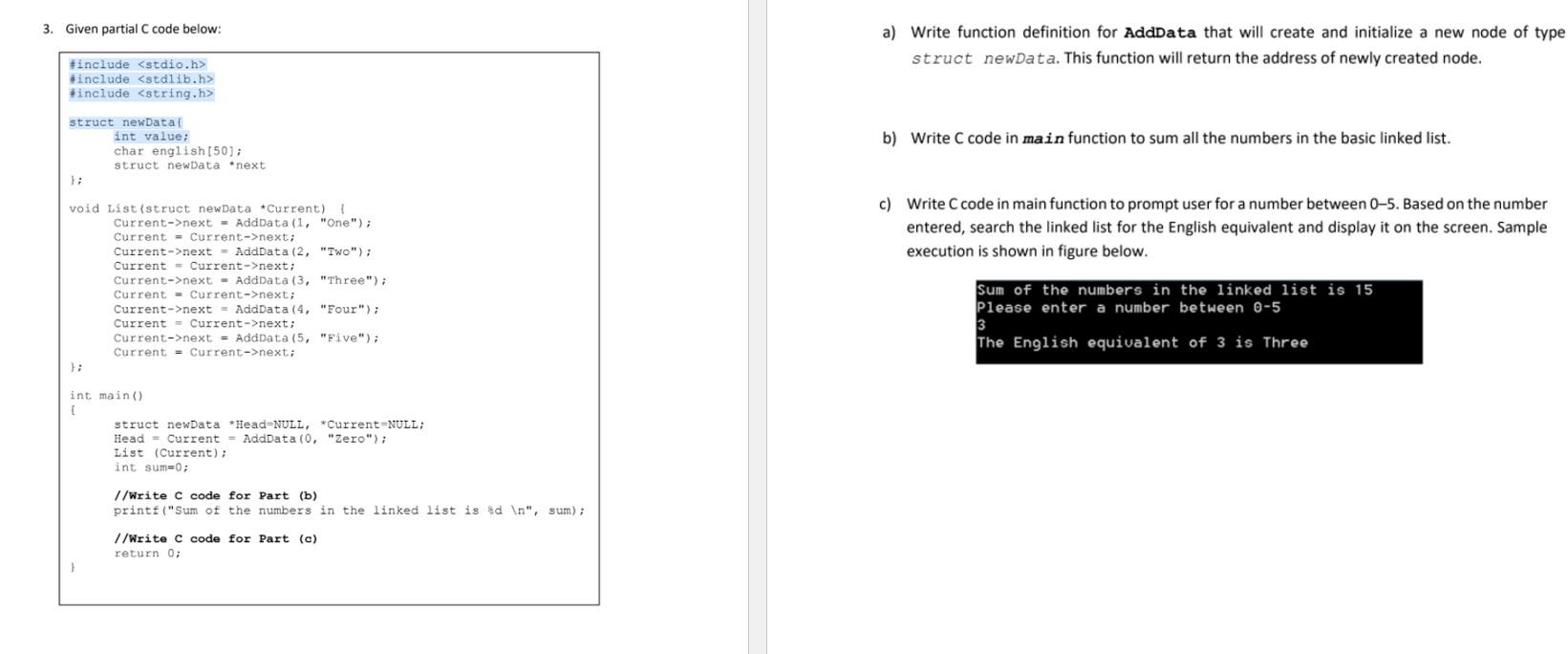 Solved 3 Given Partial C Code Below A Write Function