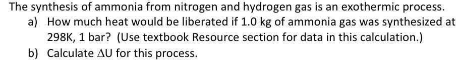 Solved The synthesis of ammonia from nitrogen and hydrogen | Chegg.com