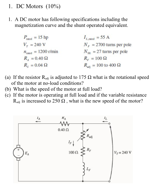 Solved 1. DC Motors (10%) 1. ADC motor has following | Chegg.com
