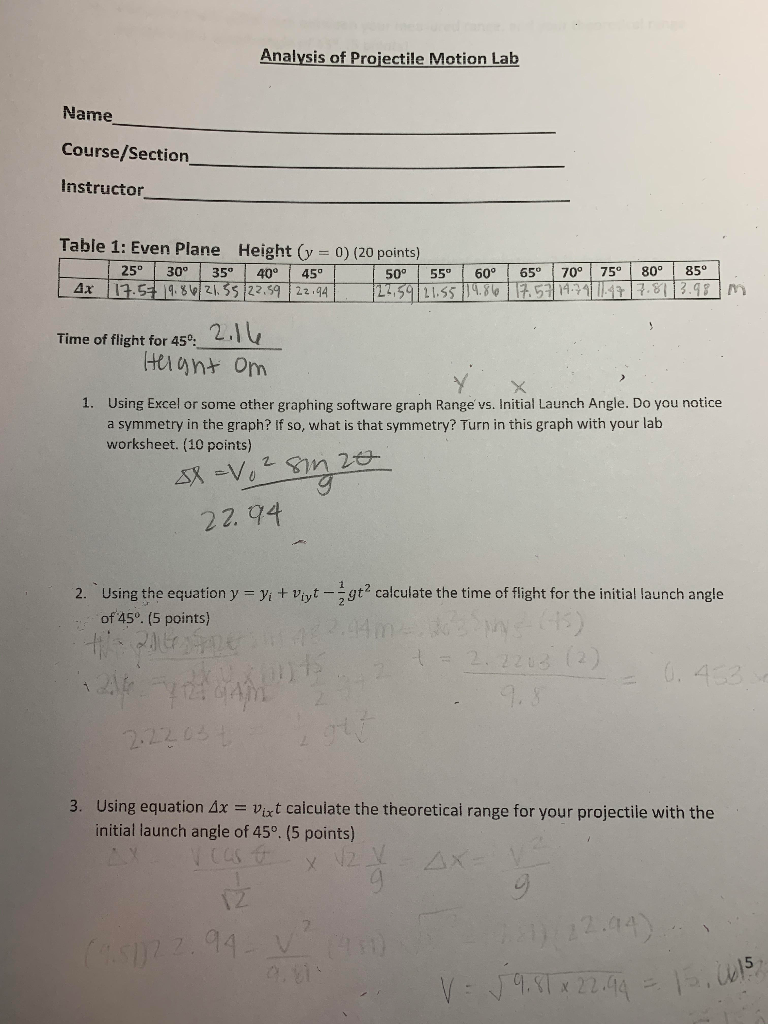 Solved Analysis of Projectile Motion Lab Name Course/Section | Chegg.com