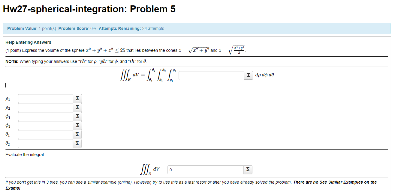 Solved Hw27-spherical-integration: Problem 5 Problem Value: | Chegg.com