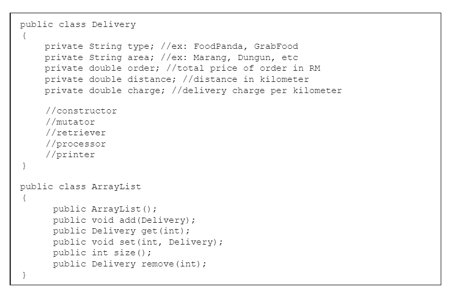 Solved An array list is used to store food delivery | Chegg.com