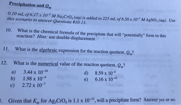 Solved Precipitation and Qsp 0.10 ml of 6.17 x 10-2 M | Chegg.com