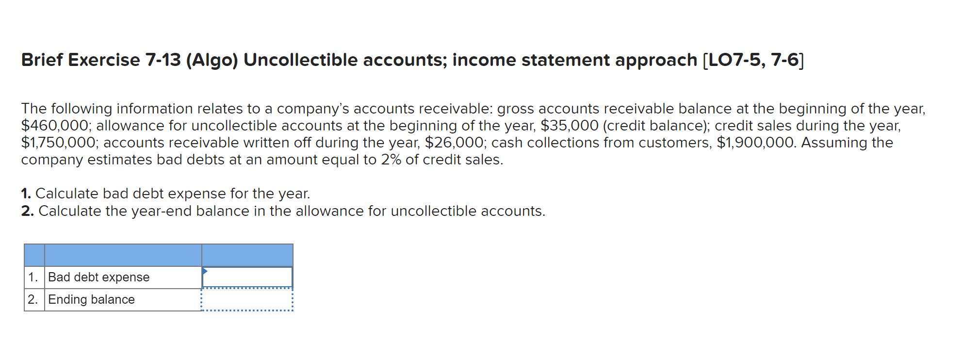 Solved Brief Exercise 7-13 (Algo) Uncollectible accounts; | Chegg.com