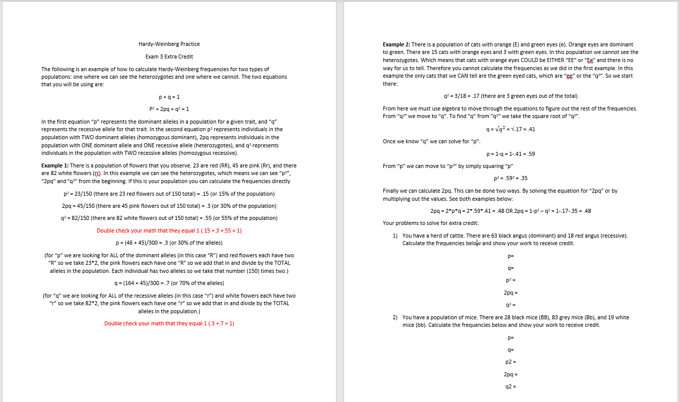 Solved Hardy-Weinberg Practice Exam 3 Extra Credit Example | Chegg.com
