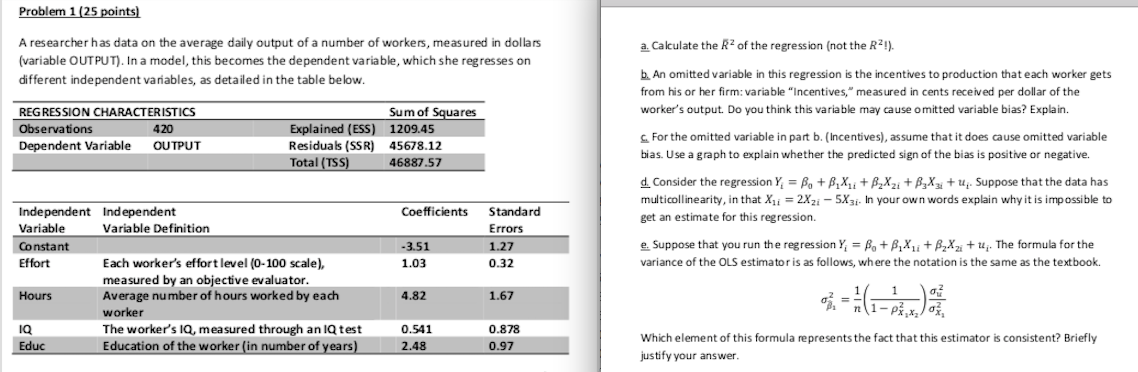 Solved Econometrics Question: Problem 1 ( 25 ﻿points)A | Chegg.com
