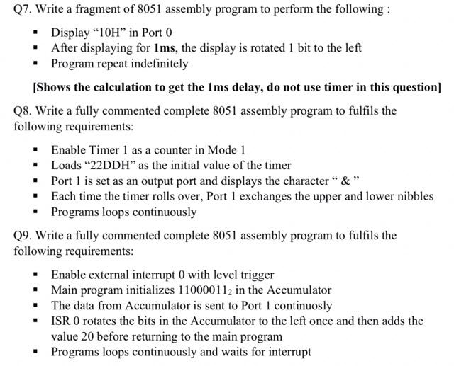 Q7. Write a fragment of 8051 assembly program | Chegg.com