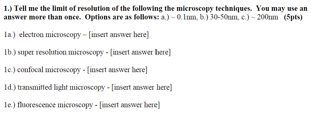 Solved 1.) Tell me the limit of resolution of the following | Chegg.com