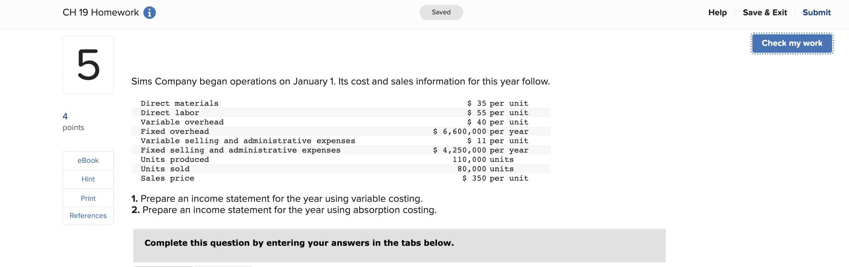 Solved Sims Company began operations on January 1. Its cost | Chegg.com
