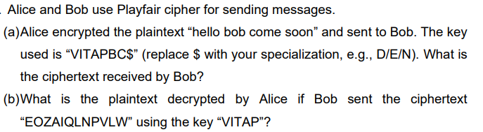 Solved Alice and Bob use Playfair cipher for sending | Chegg.com