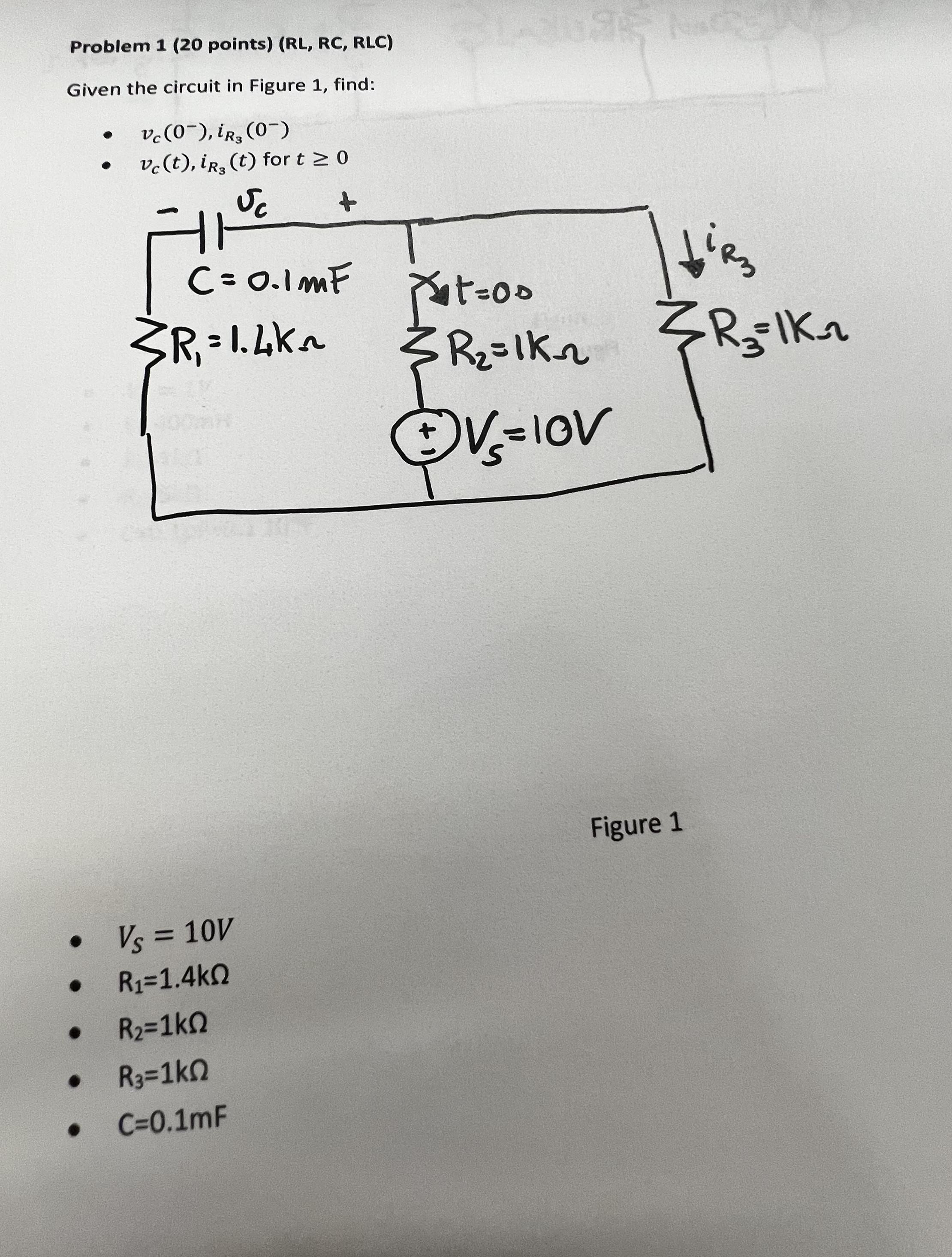 Solved Problem 1 (20 points) (RL, RC, RLC) Given the circuit | Chegg.com