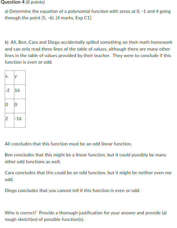Solved a) Determine the equation of a polynomial function | Chegg.com