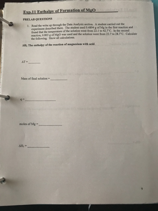 Exp.11 Enthalpy of Formation of MgO PRELAB QUESTIONS | Chegg.com