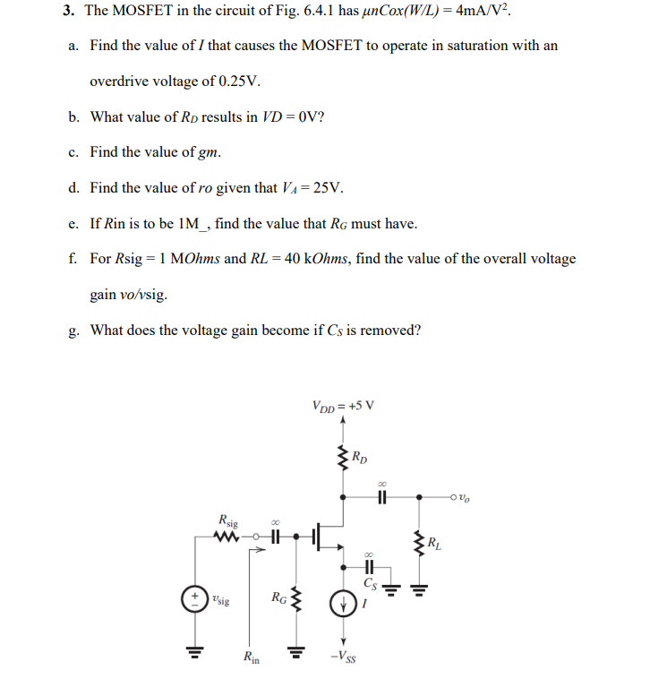 Solved 3. The MOSFET in the circuit of Fig. 6.4 .1 has | Chegg.com