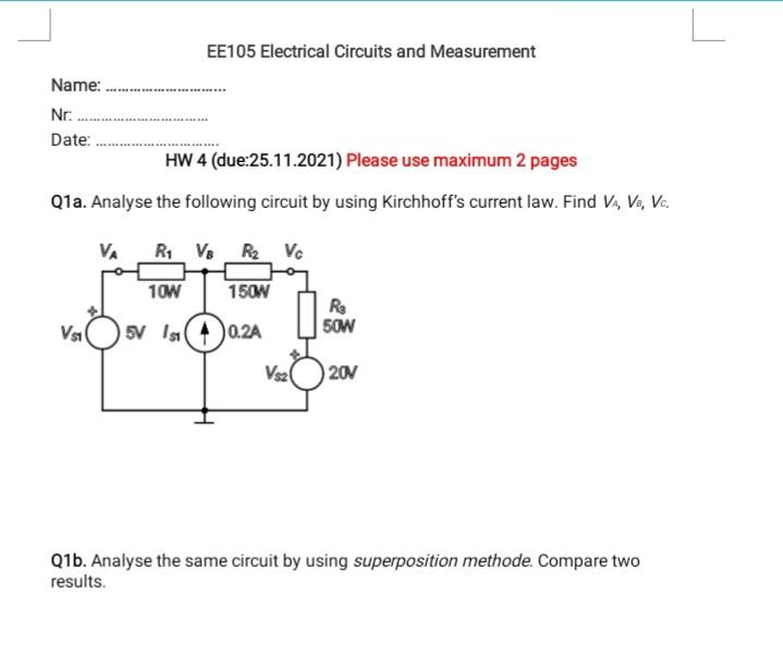 Solved EE105 Electrical Circuits and Measurement Name: Nr: | Chegg.com
