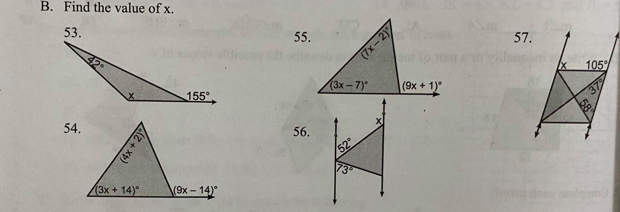 Solved B. Find the value of x. 53. 55. 57. (7x - 2) x 105 | Chegg.com