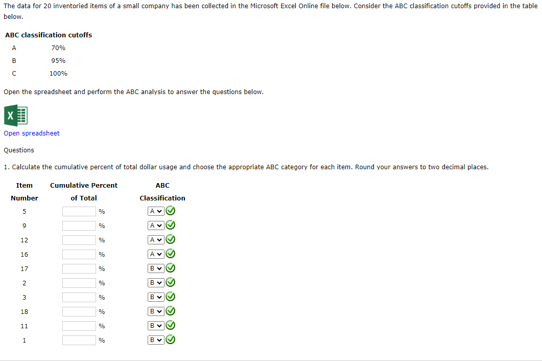 Solved ABC Inventory AnalysisOpen the spreadsheet and | Chegg.com