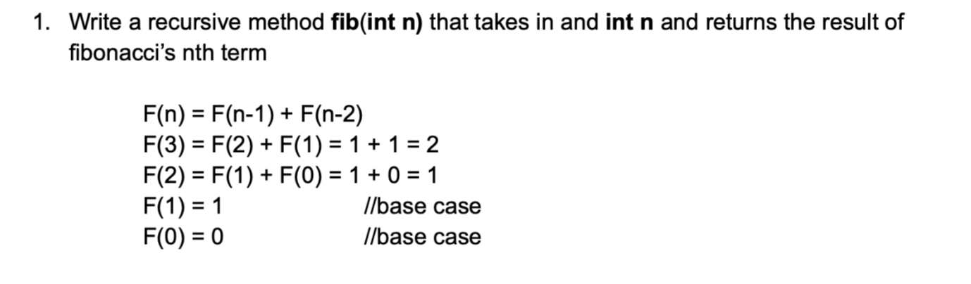 Solved use AVA .) 1. Write a recursive method fib(int n) | Chegg.com