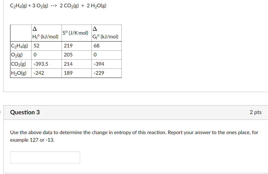 Solved C2H4(g) + 3 O2(g) --> 2 CO2(g) + 2 H2O(g) A Δ Sº (J/K | Chegg.com