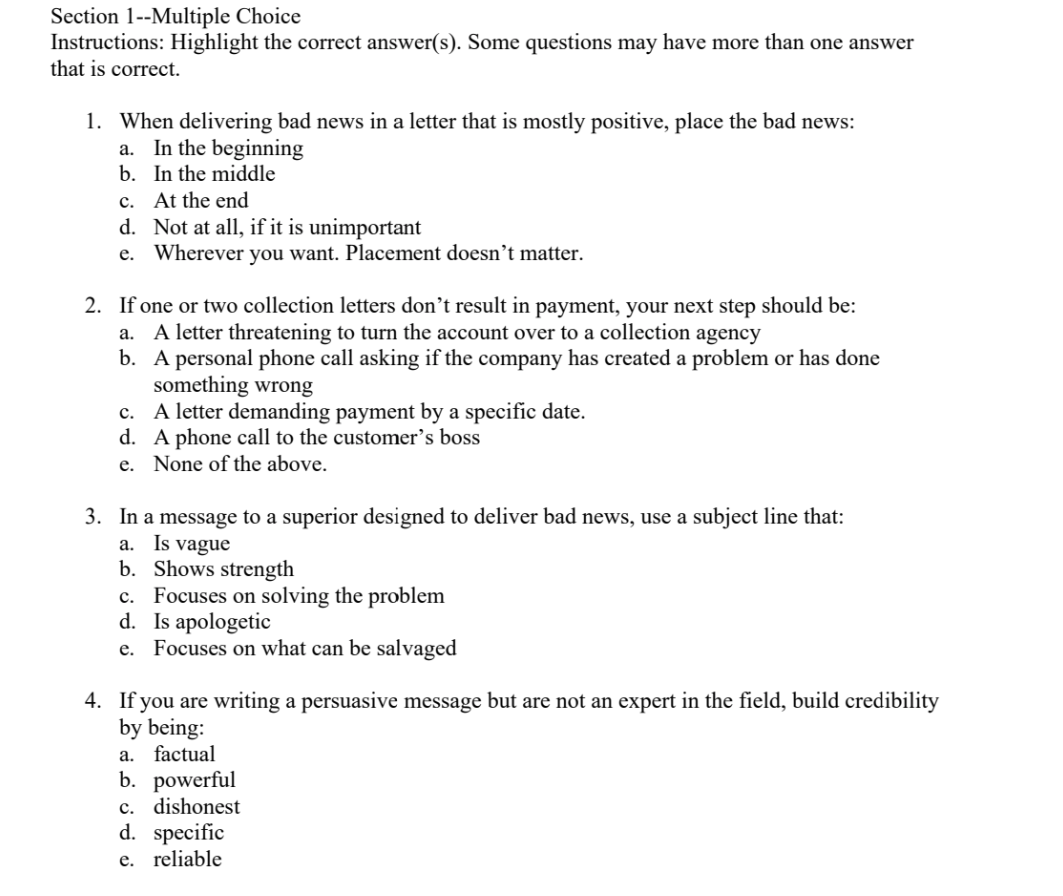 Solved Section 1 Multiple Choice Instructions Highlight Chegg