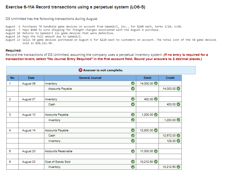 Solved Exercise 6-11A Record transactlons using a perpetual | Chegg.com