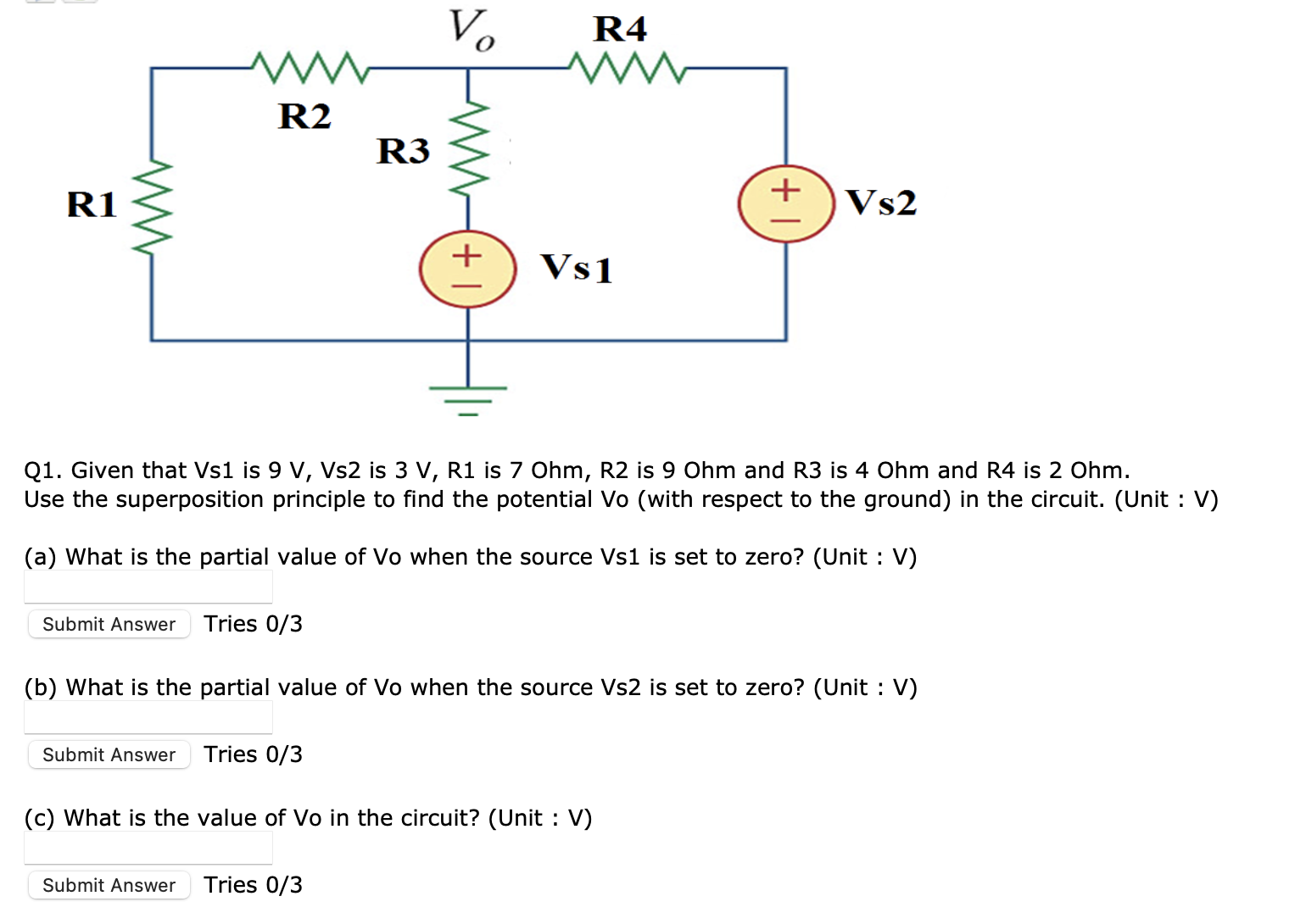 Solved Q1. Given that Vs1 is 9 V,Vs2 is 3 V,R1 is 7Ohm,R2 is | Chegg.com