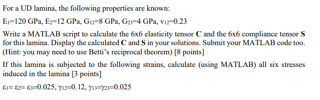 For a UD lamina, the following properties are known: | Chegg.com