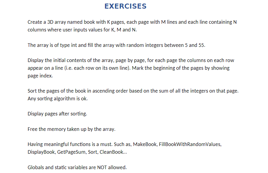 Solved EXERCISES Create a 3D array named book with K pages, | Chegg.com