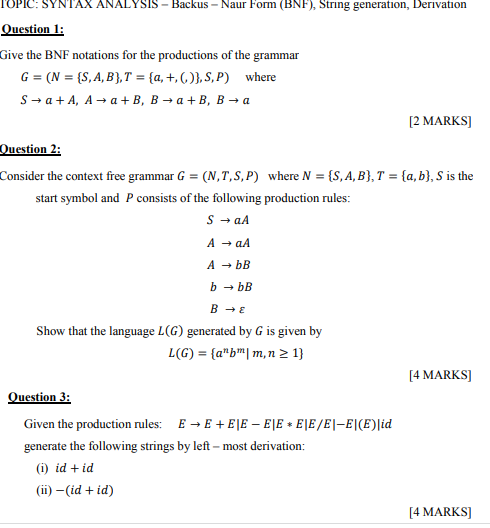 Solved SYNT ANALYSIS - Backus - Naur Form (BNF), String | Chegg.com