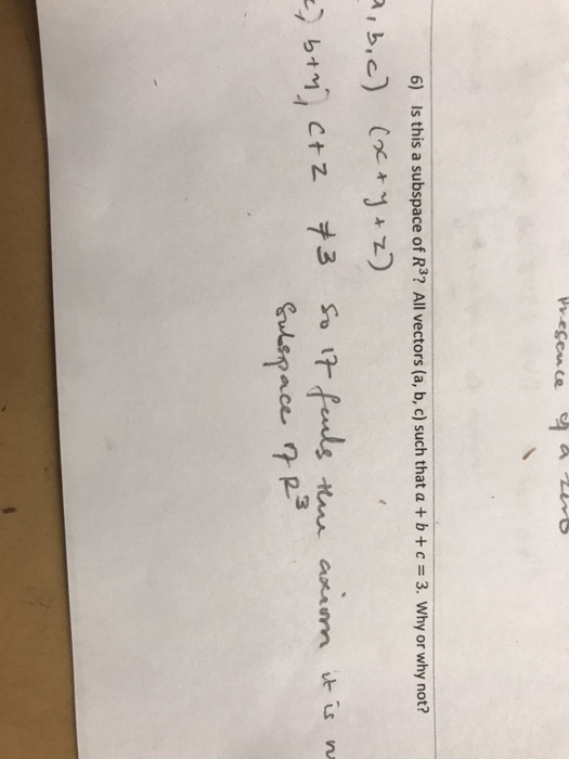 Solved 6) Is this a subspace of R37 All vectors (a, b, c) | Chegg.com
