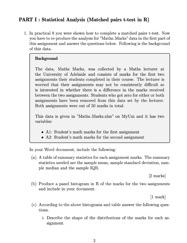 Solved PART I : Statistical Analysis (Matched pairs t-test | Chegg.com