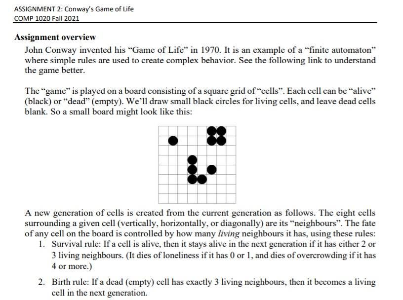 ASSIGNMENT 2: Conway's Game of Life COMP 1020 Fall | Chegg.com