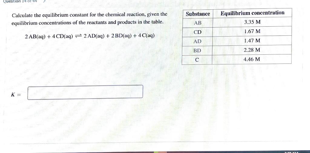 Solved Question 14 01 44 Substance Calculate the equilibrium | Chegg.com