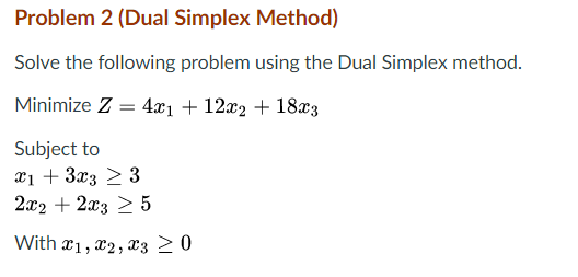 Solved Problem 2 (Dual Simplex Method) Solve the following | Chegg.com