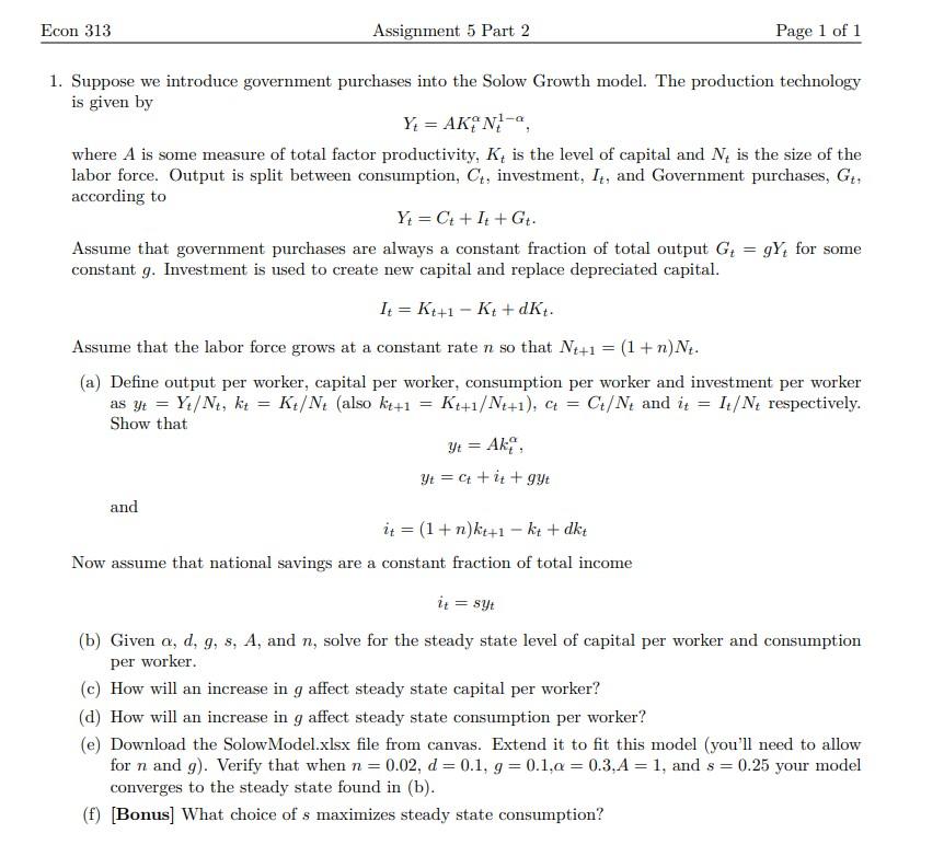 Solved Econ 313 Assignment 5 Part 2 Page 1 of 1 n = 1. | Chegg.com