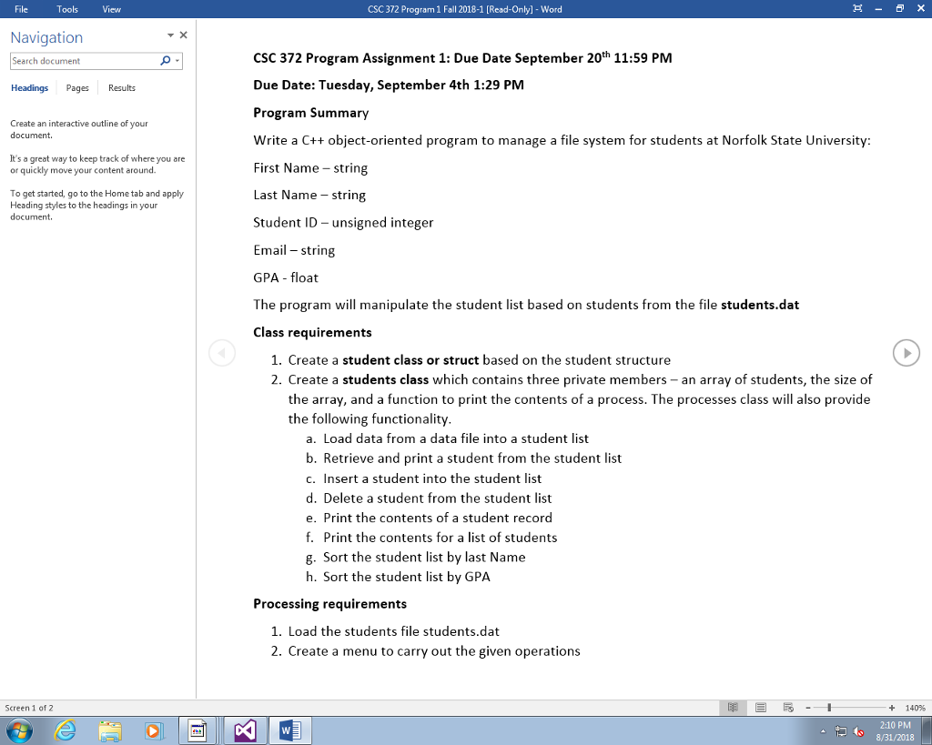 Solved File Tools CSC 372 Program 1 Fall 2018-1 | Chegg.com